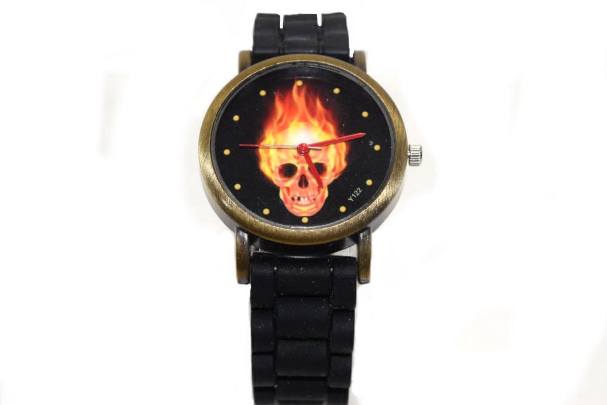 Flaming Skull Head Black Silicone Rubber Band Fire Head Watch-19-SK ...