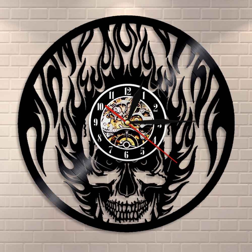 Flaming Skull Wall Clock Skull Head On Fire Wall Art Vinyl Record Wall Clock Fire Burning ...