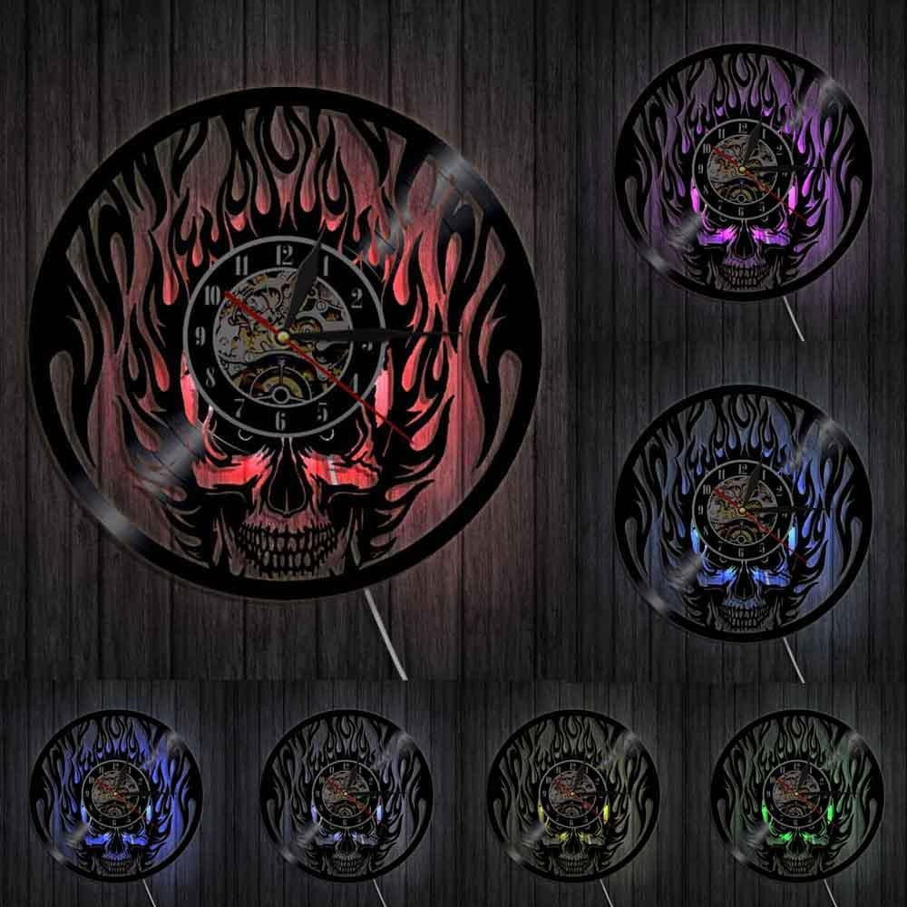Flaming Skull Wall Clock Skull Head On Fire Wall Art Vinyl Record Wall ...
