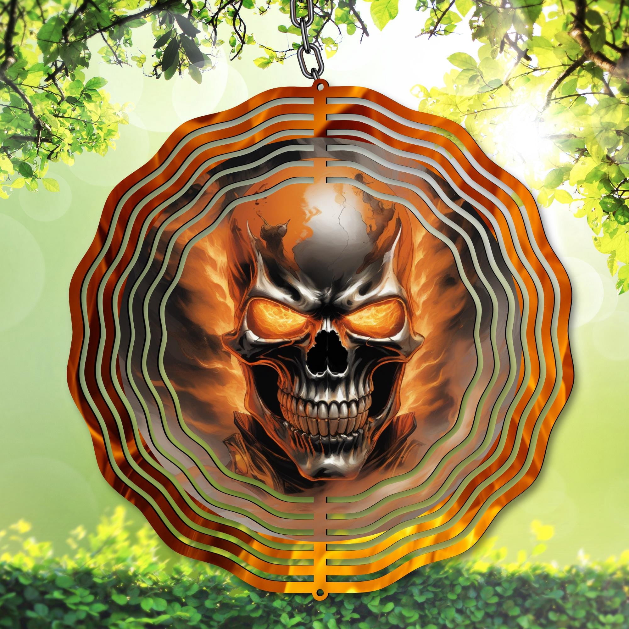 Flaming Skull Wind Spinner Outdoor Garden Decor Fiery Skeleton Metal ...