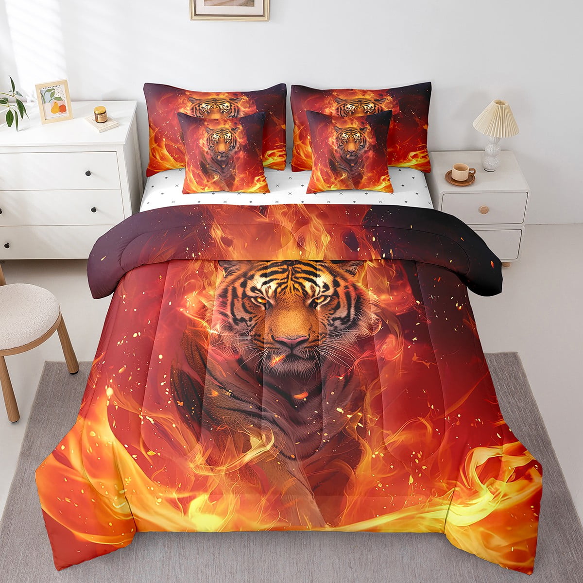 Flaming Tiger Comforter Set Queen Size with Sheets -7 Pieces Bed in a ...