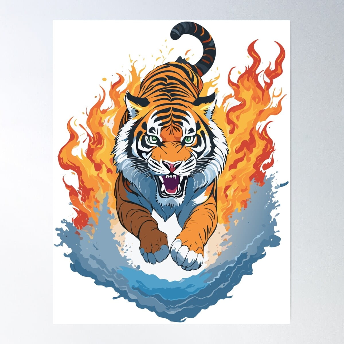 Flaming Tiger Jump Poster Wall Art, Modern Wall Decor For Living Room ...