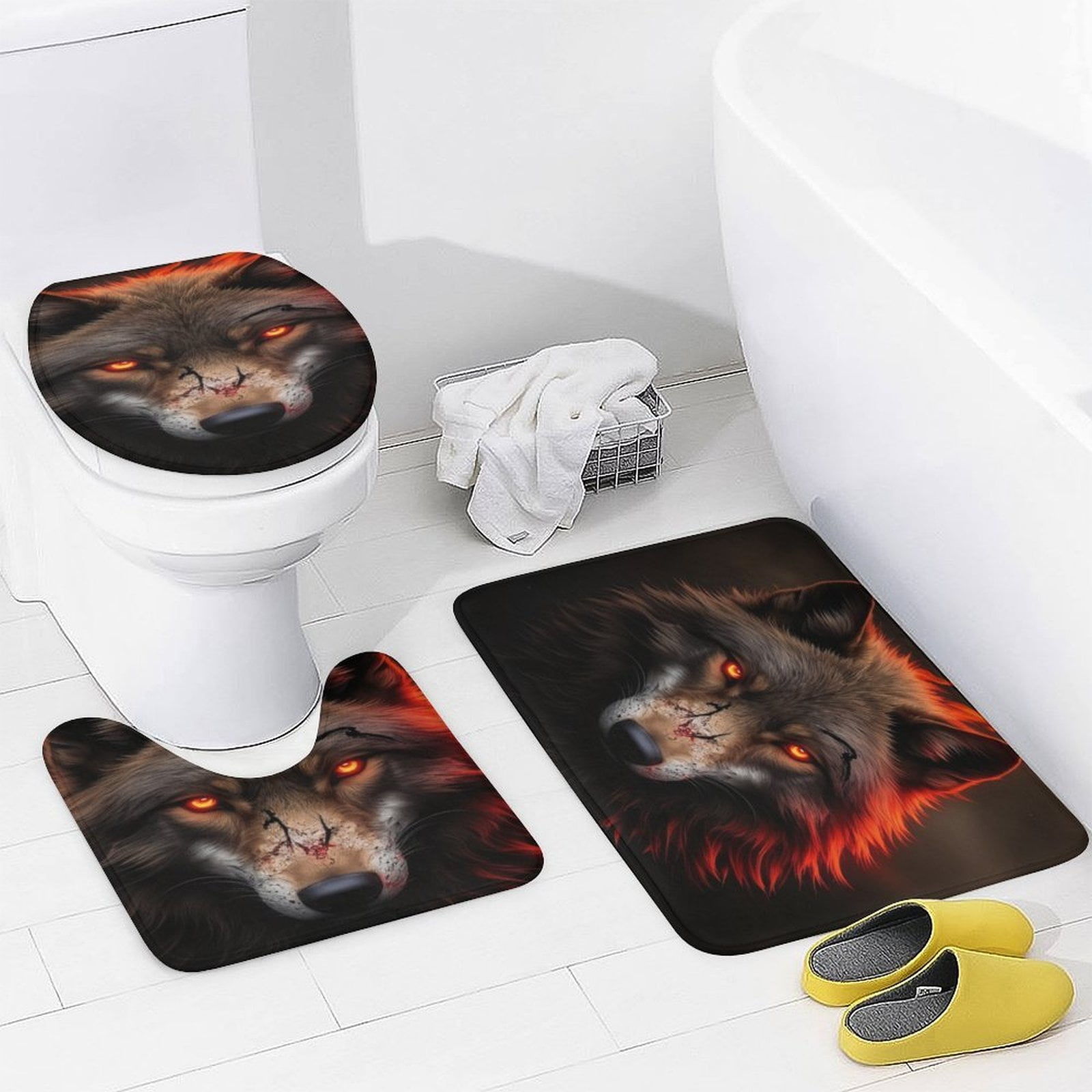Flaming Wolf with Scar Bathroom Mats Sets 3 Piece, Bath Mat Earth Quick ...