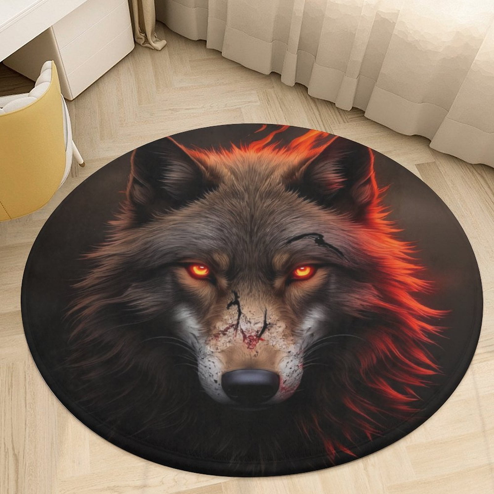 Flaming Wolf with Scar Round Area Rugs for Bedroom Living Room, 6FT ...