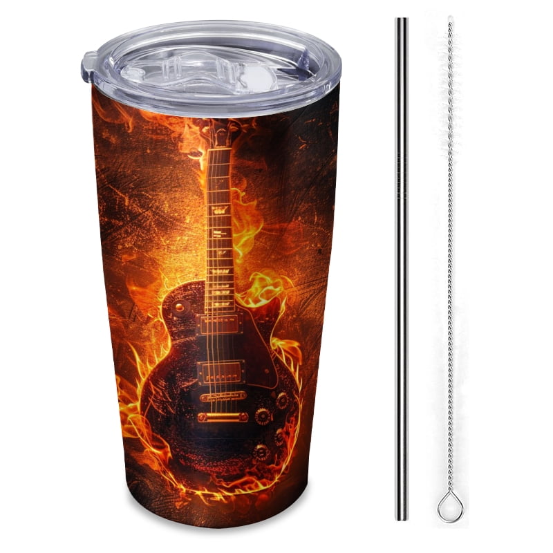 Flaming guitar with rock and roll-themed design Insulated Travel Tumbler, 20 oz Car Cup with ...