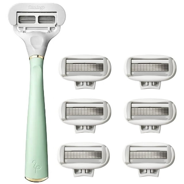 Flamingo 5-Blade Women's Razor: 1 Mint & Gold Razor Handle + 6 Razor ...