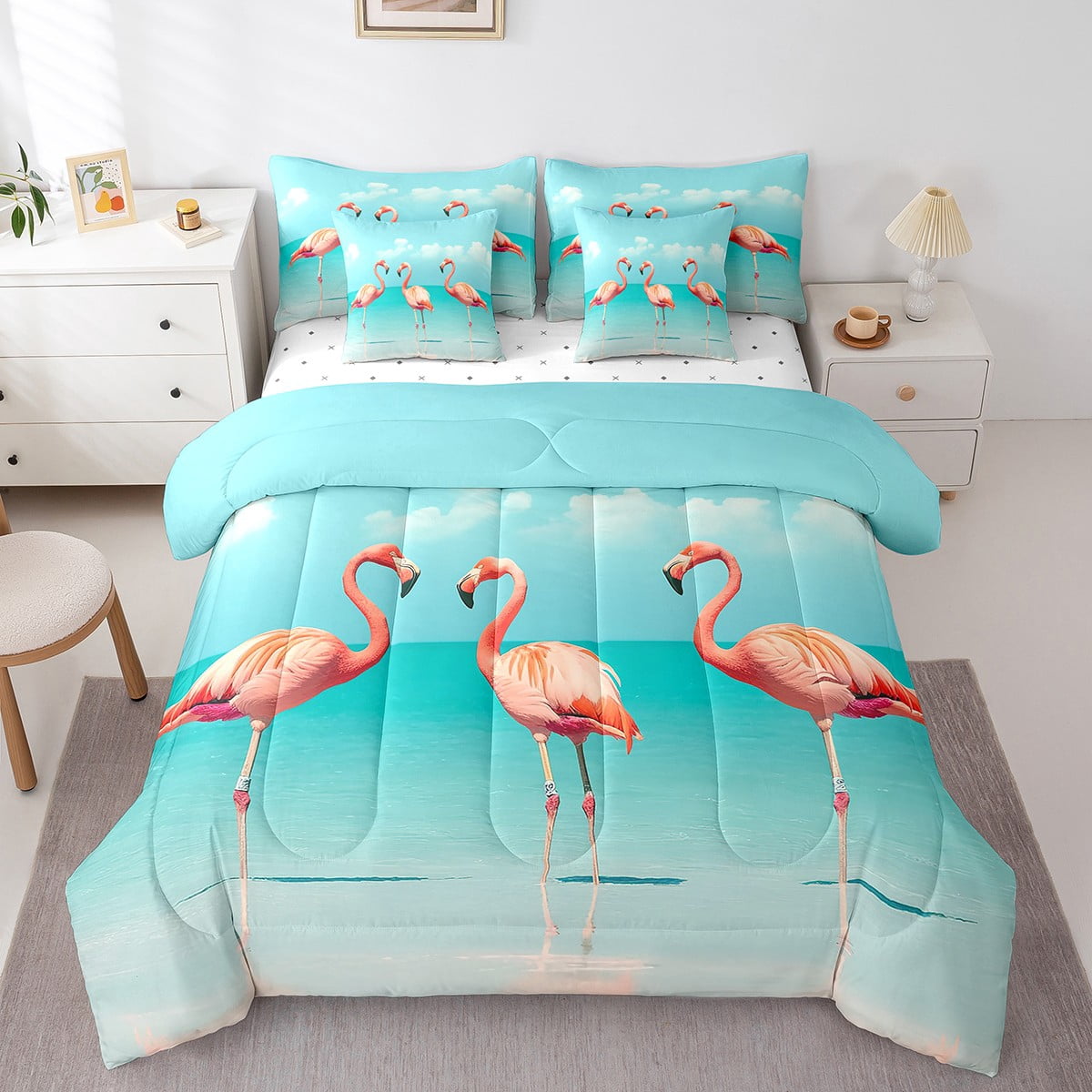 Flamingo 7 Piece Bedding Set Queen Size Watercolor Tropical Flamingo ...