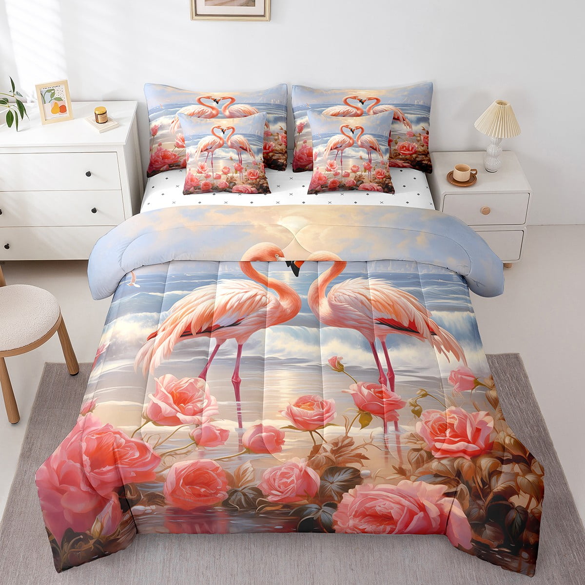 Flamingo 7 Piece Comforter Set Full Bed in a Bag,Pink Rose Bedding Sets ...
