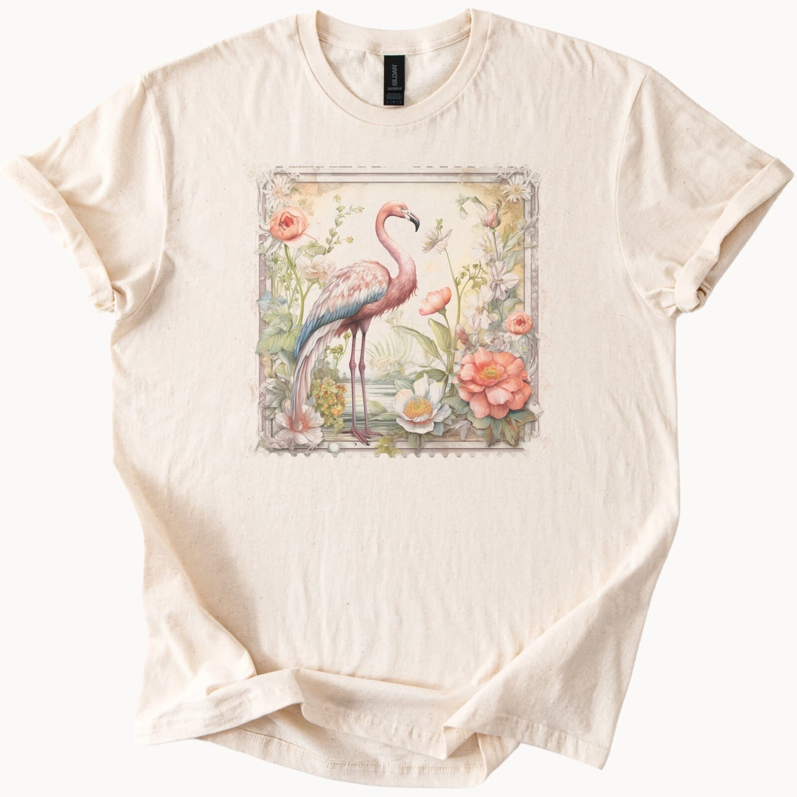 Flamingo And Flowers Graphic T Shirt Pastel Bird Nature Art Tee Shirt ...