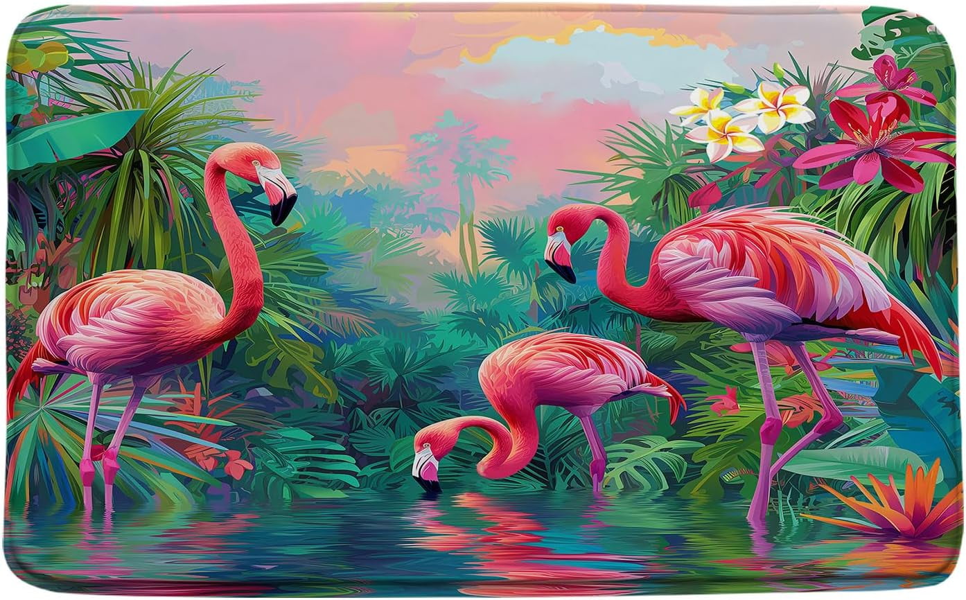 Flamingo Bath Mat Pink Tropical Green Palm Tree Rainforest Lake Jungle ...