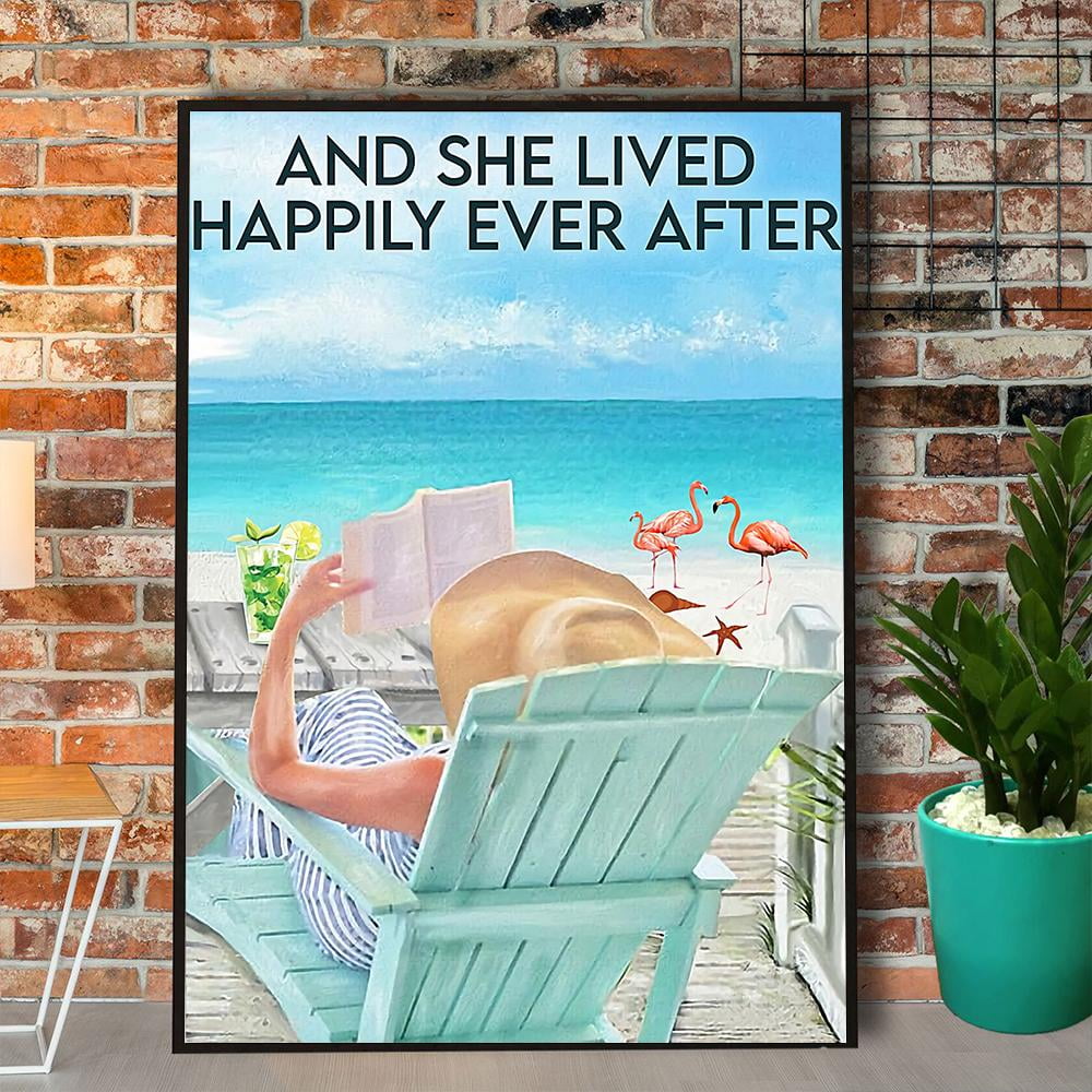 Flamingo Beach And She Lived Happily Ever After Satin Poster Wall Art ...