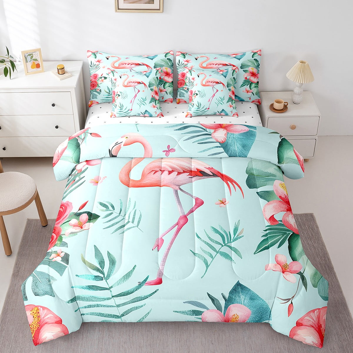 Flamingo Bed in a Bag Queen Comforter Set 7 Piece,Palm Leaves Tropical Bedding Sets Floral ...