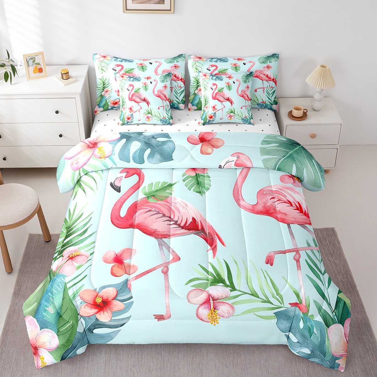 Flamingo Bed in a Bag Queen Comforter Set 7 Piece,Tropical Sheet Set ...
