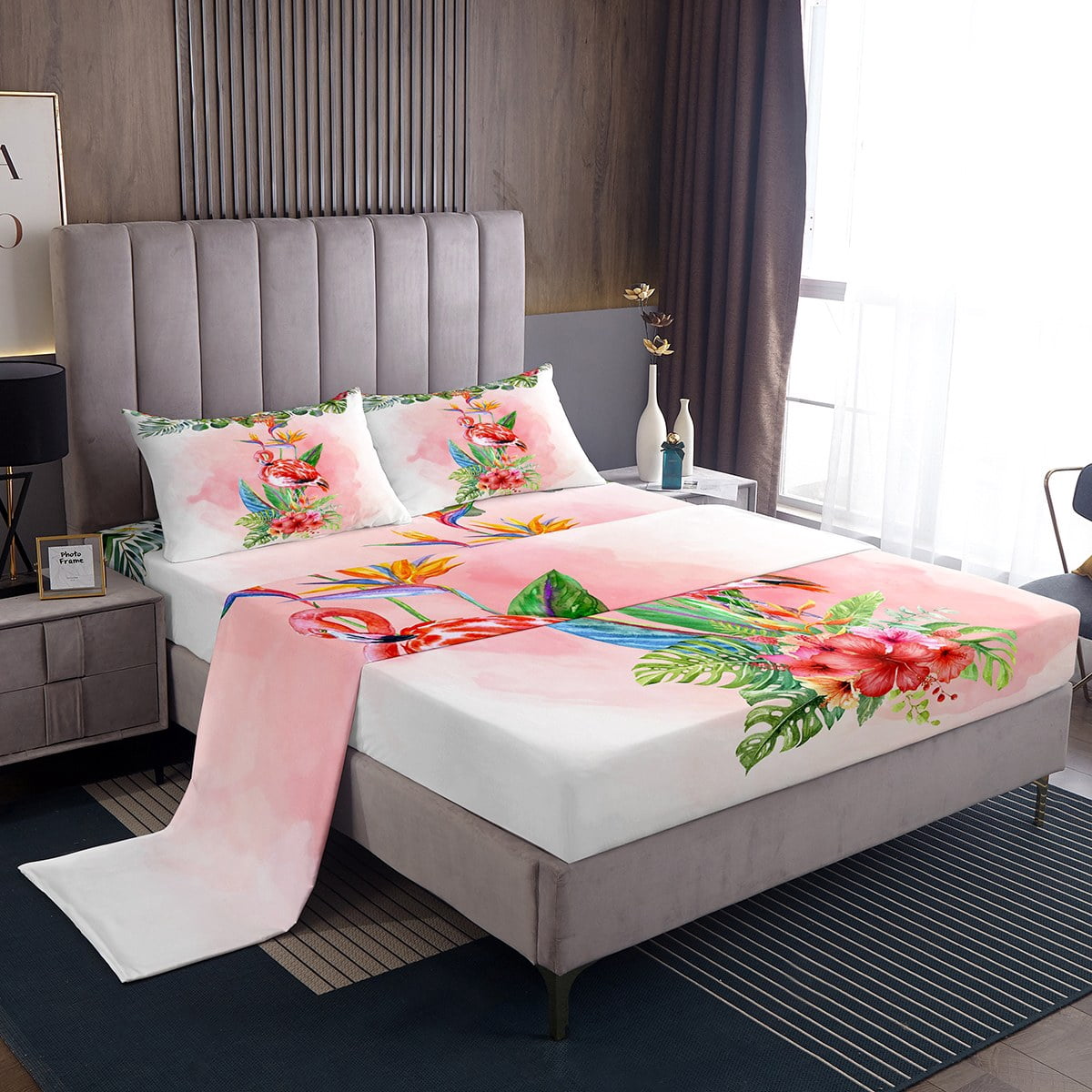 Flamingo Bed Sheets Set Palm Leaves King Sheet Set ,Wild Animals Flat ...