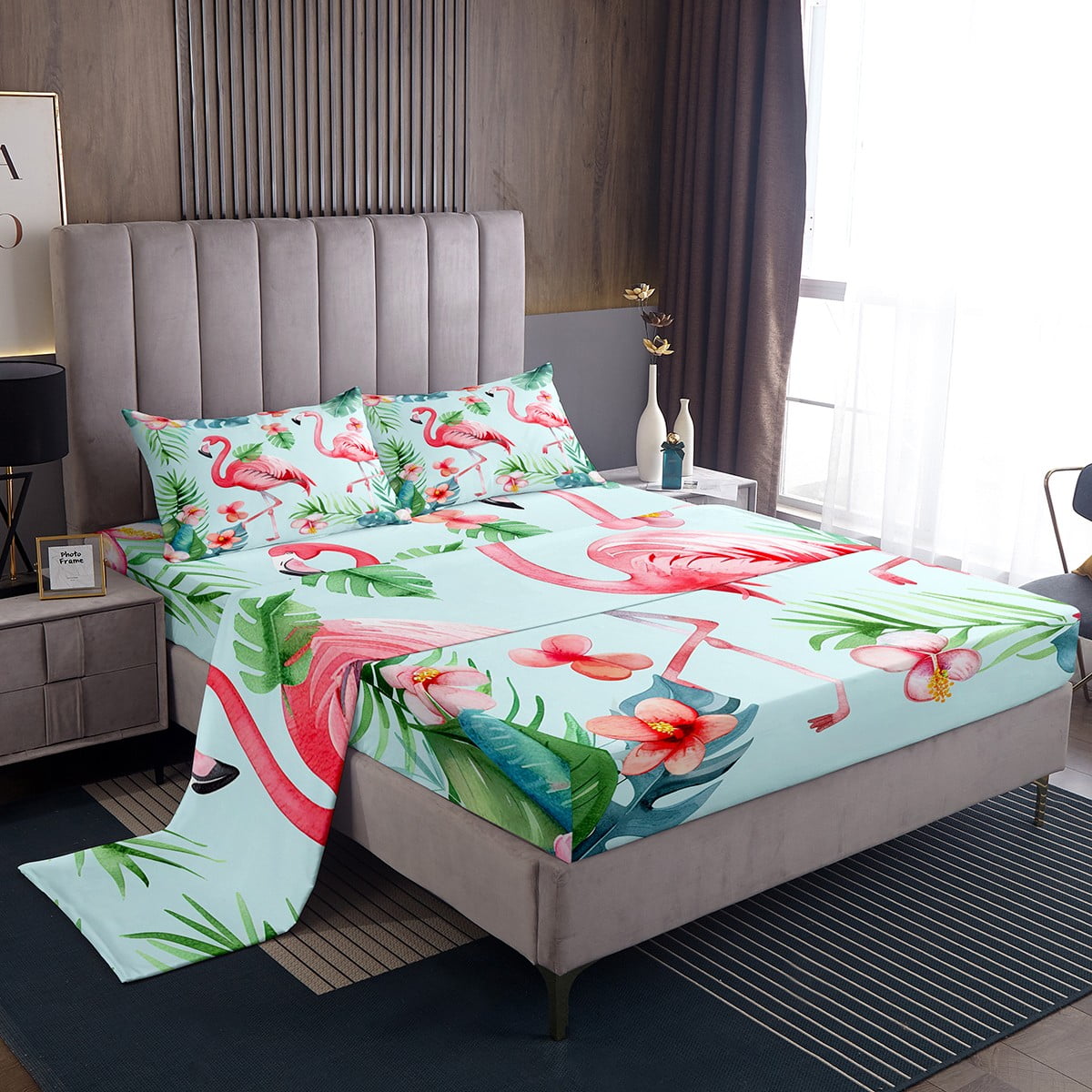 Flamingo Bed Sheets Set Tropical Sheets,Jungle Palm Leaves Sheet Set ...