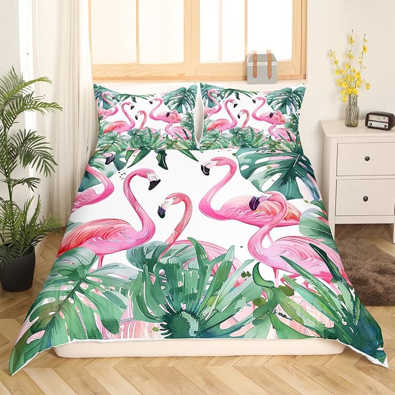 Flamingo Bedding Set, Teens Palm Leaf Comforter Cover Twin Size, Toucan ...