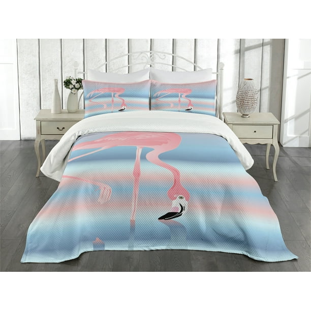 Flamingo Bedspread Set Queen Size, Illustration of Royal Flamingo in ...