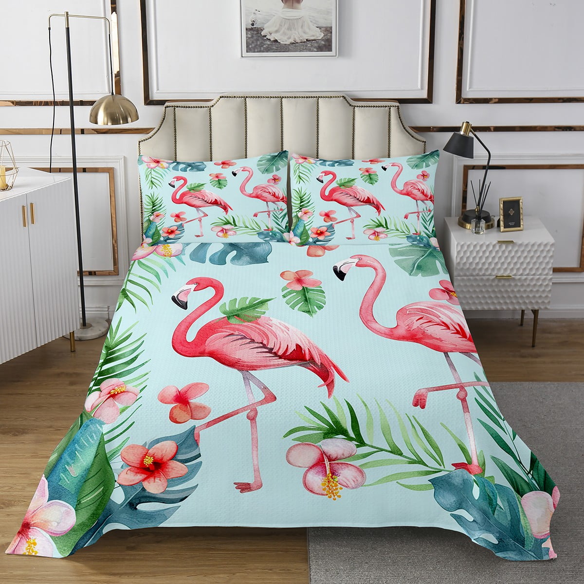 Flamingo Bedspread Set Tropical Coverlet Set,Jungle Palm Leaves Quilt ...