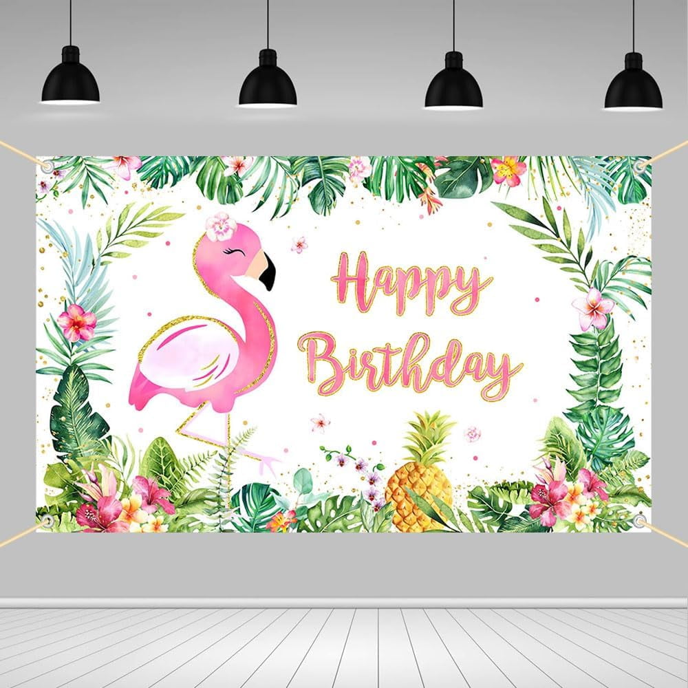 Flamingo Birthday Backdrop for Girls Pink Flower Luau Aloha Happy ...