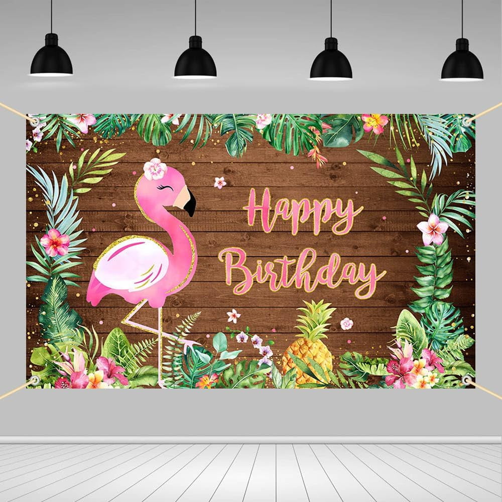 Flamingo Birthday Backdrop for Girls Wood Luau Aloha Happy Birthday ...