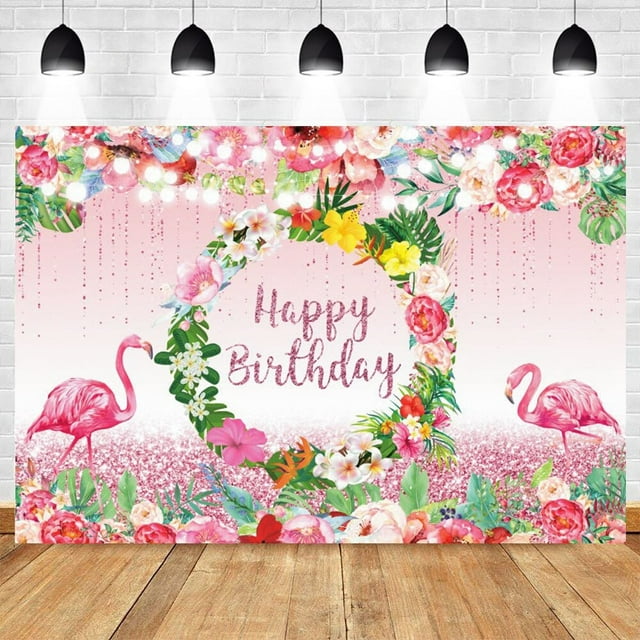 Flamingo Birthday Backdrop Summer Tropical Pink Flowers Palm Leaves ...