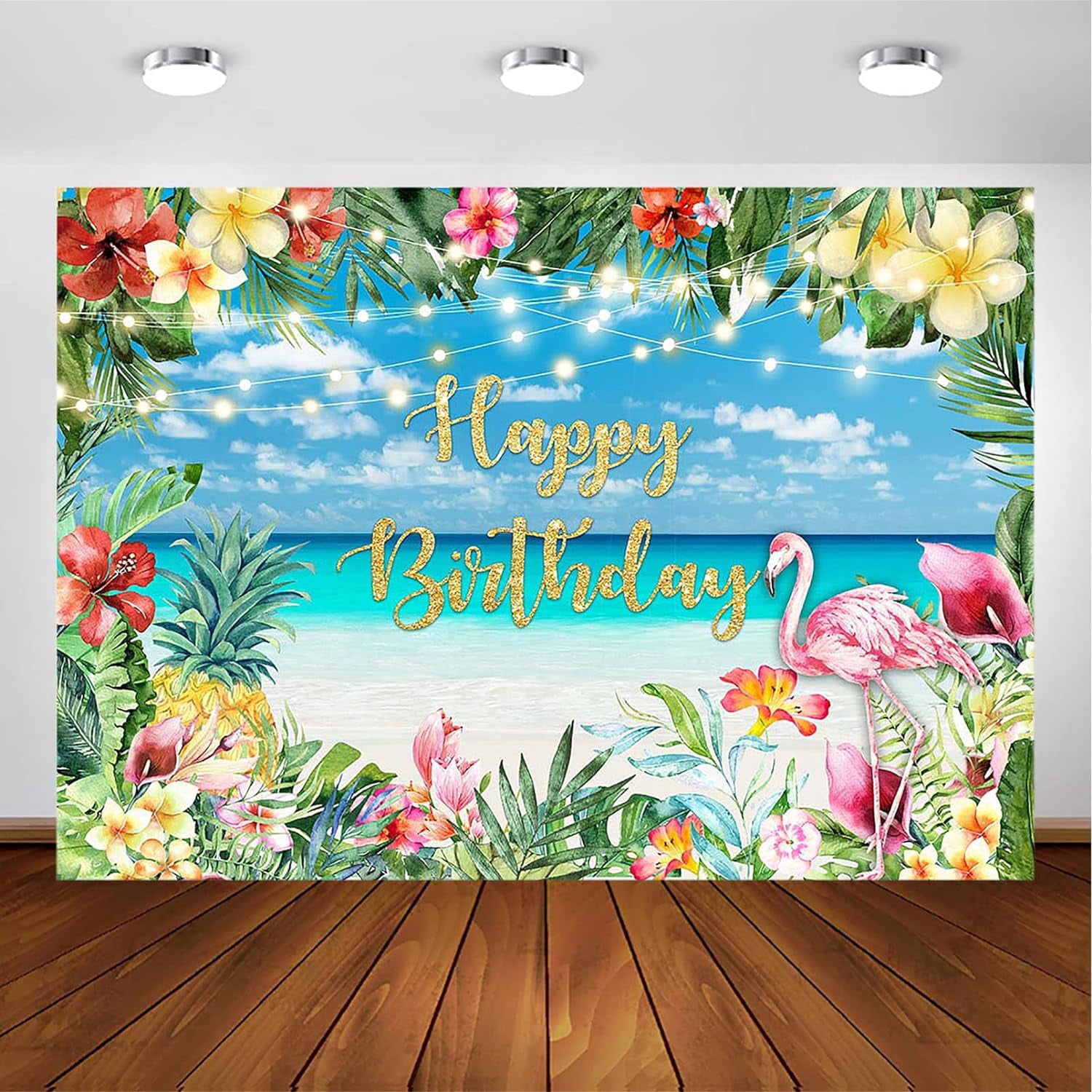 Flamingo Birthday Backdrop Tropical Flowers Hawaiian Beach Let's ...