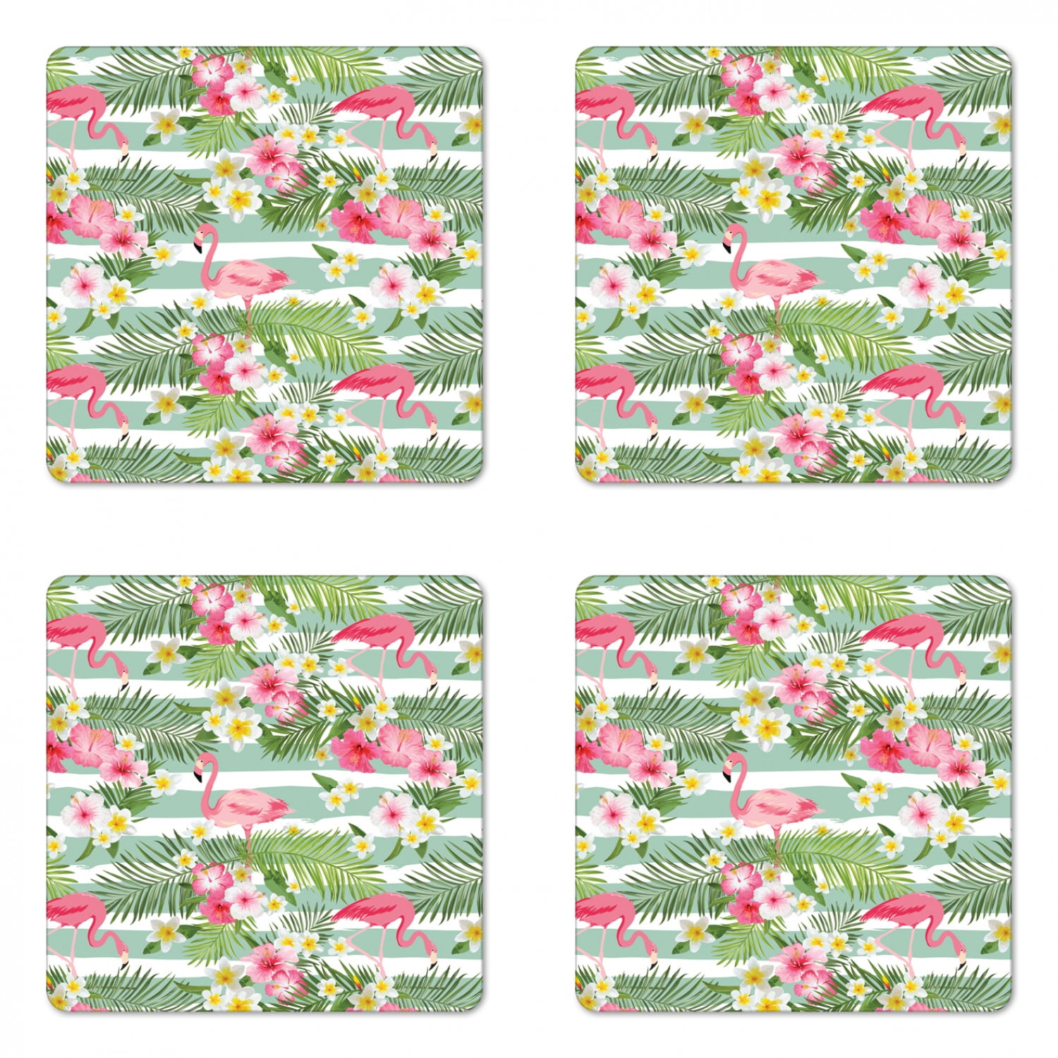Flamingo Coaster Set of 4, Flamingos with Exotic Hawaiian Leaves ...