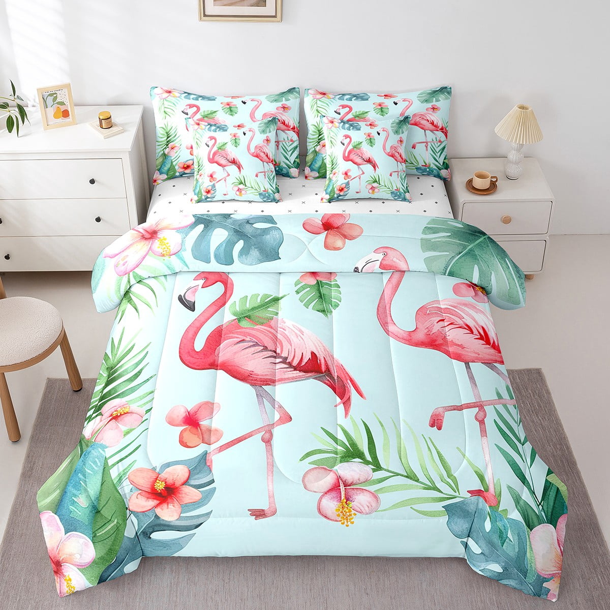 Flamingo Comforter Set 7 Piece Bed in a Bag Twin,Tropical Sheet Set ...