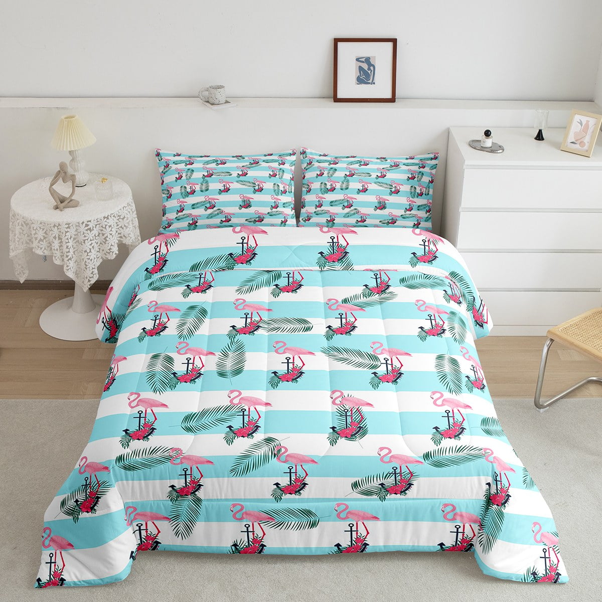 Flamingo Comforter Set Full Women Green Palm Leaves Print Bedding Blue ...