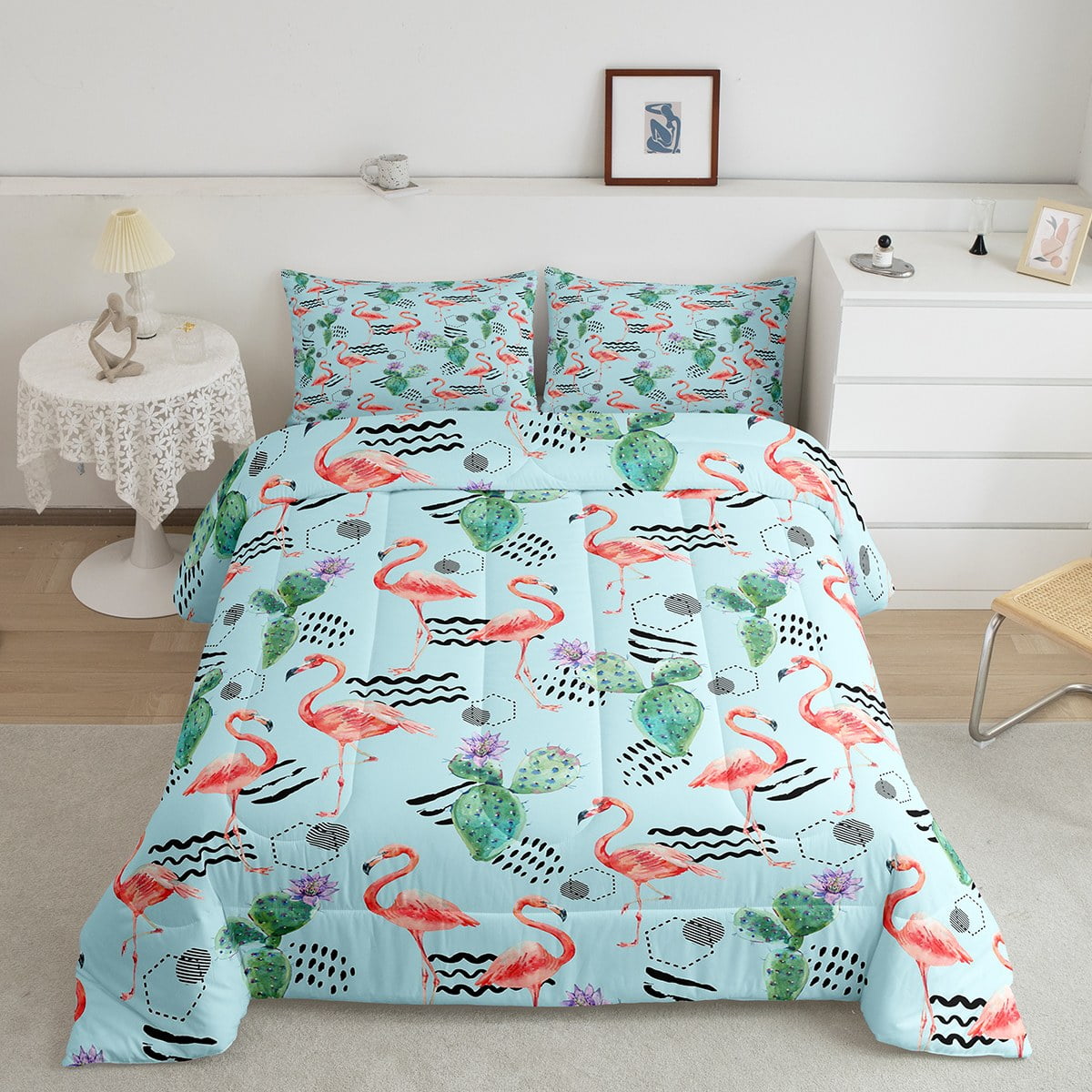 Flamingo Comforter Set Full Size Women Pink Flamingo Bedding Green ...