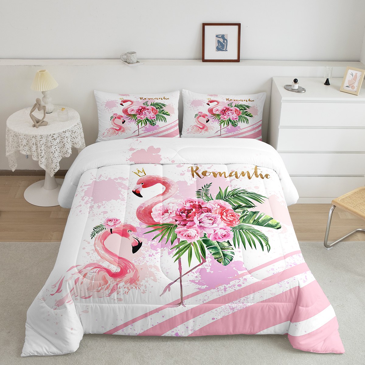 Flamingo Comforter Set Twin for Girls Women Pink Flamingo Bedding Tie ...