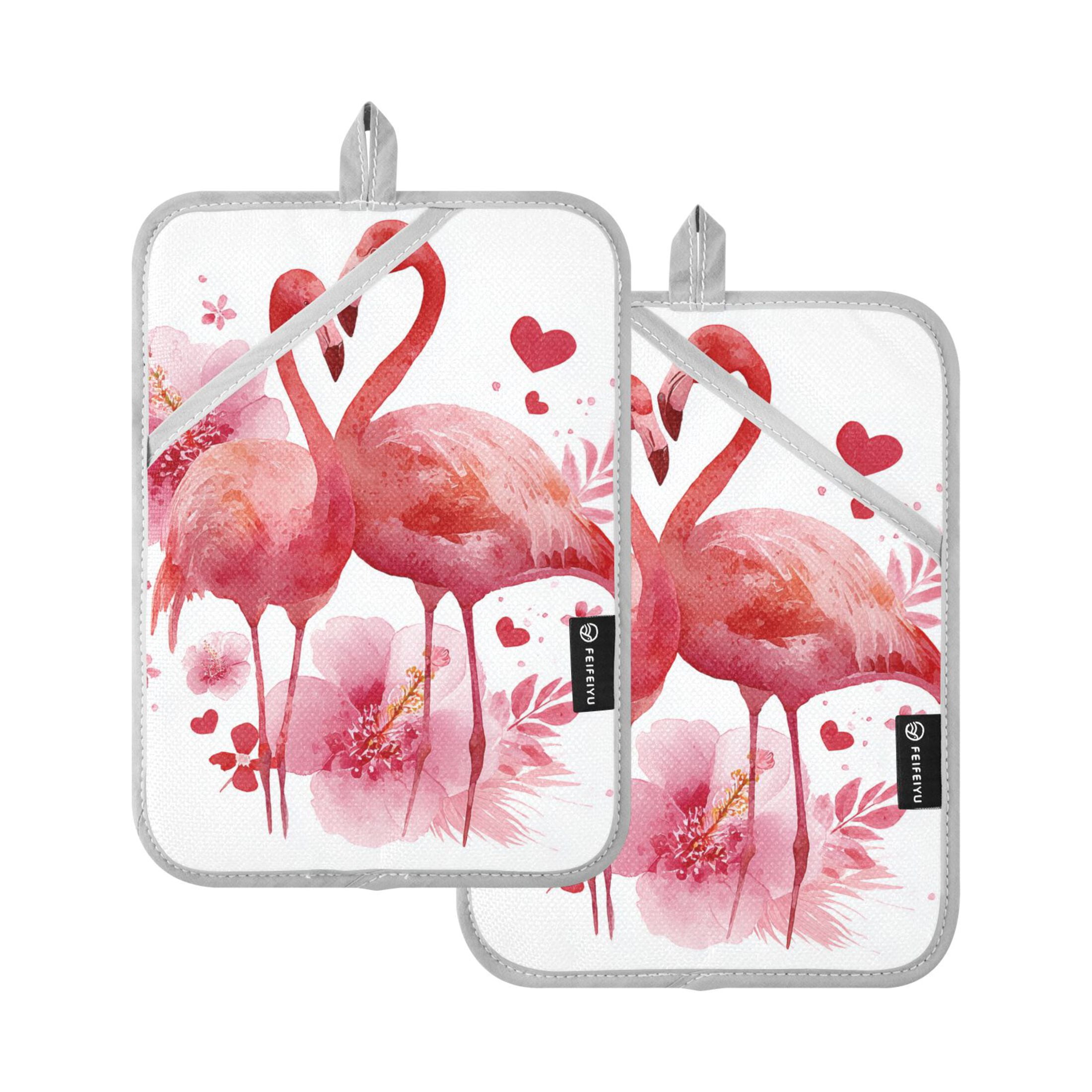 Flamingo Couple Flowers Hearts Watercolor Valentine Pot Holder Heat ...