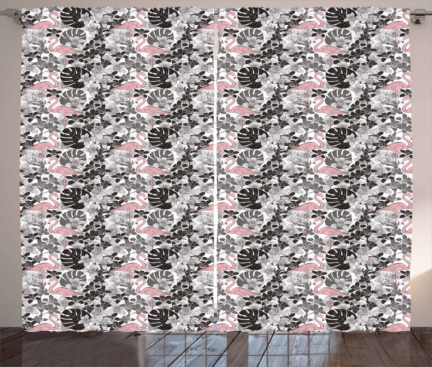 Ambesonne Flamingo Curtains 2 Panel Set, Orchid Palm, 108" x 90", Coral ...