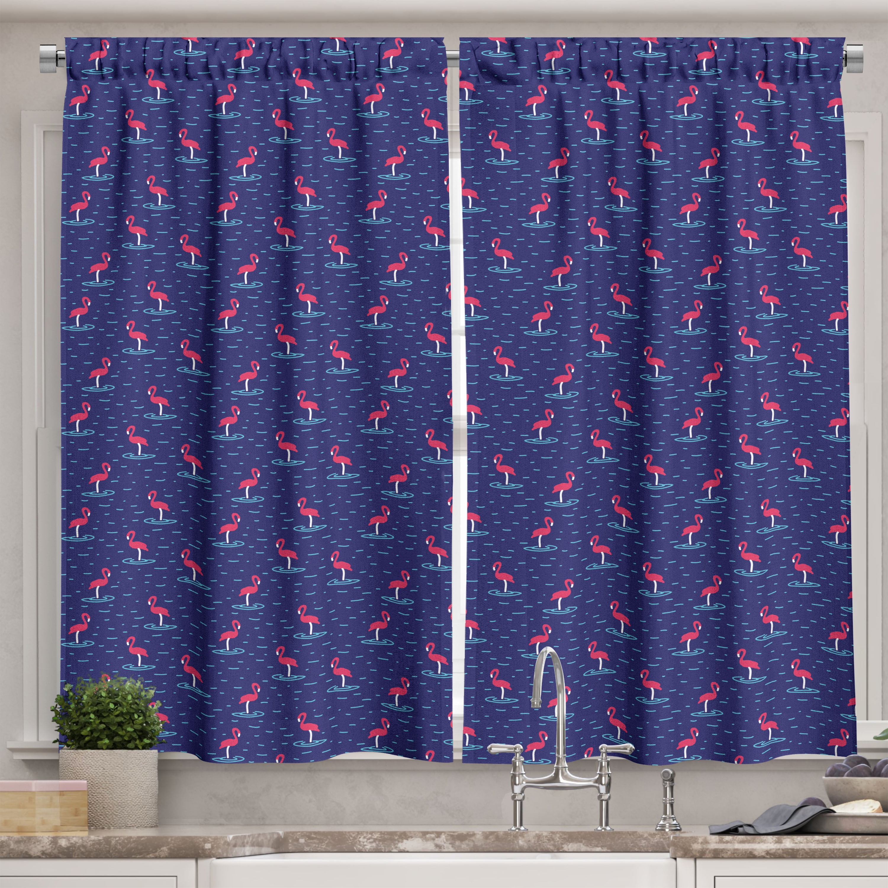 Flamingo Curtains 2 Panels Set, Hand Drawn Style Abstract Birds Wavy ...