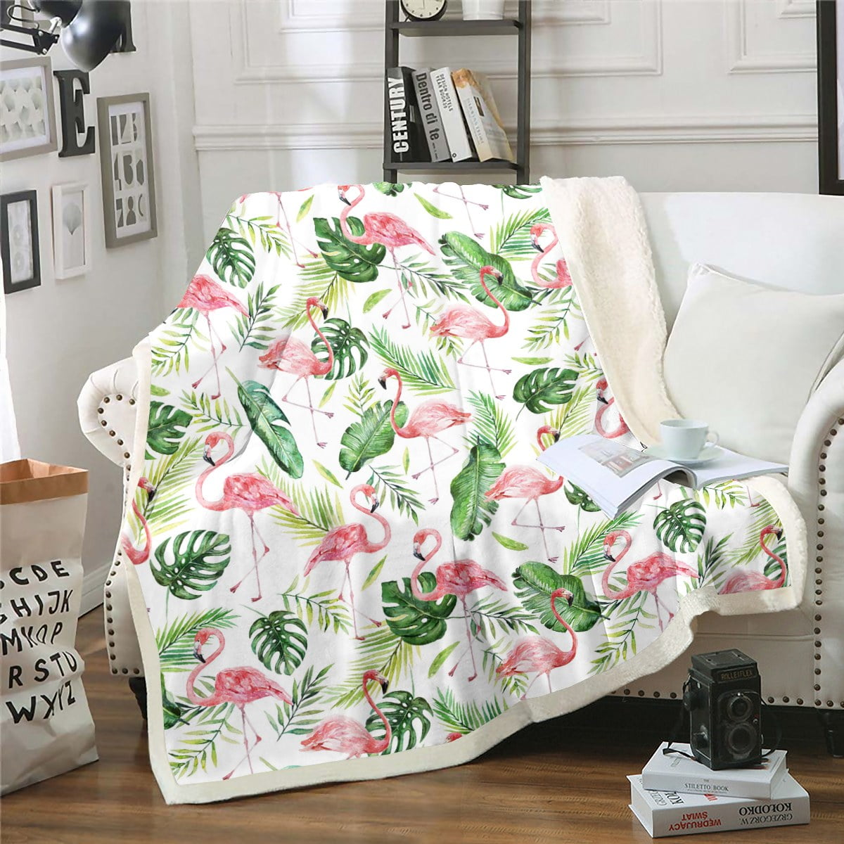 Flamingo Decor Blanket Flamingo Throw Blanket Green Palm Leaves Print ...