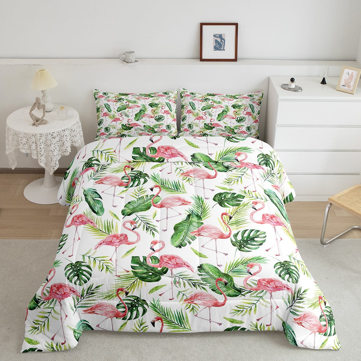 Flamingo Decor Comforter Set Full Size for Girls Flamingo Bedding Green ...