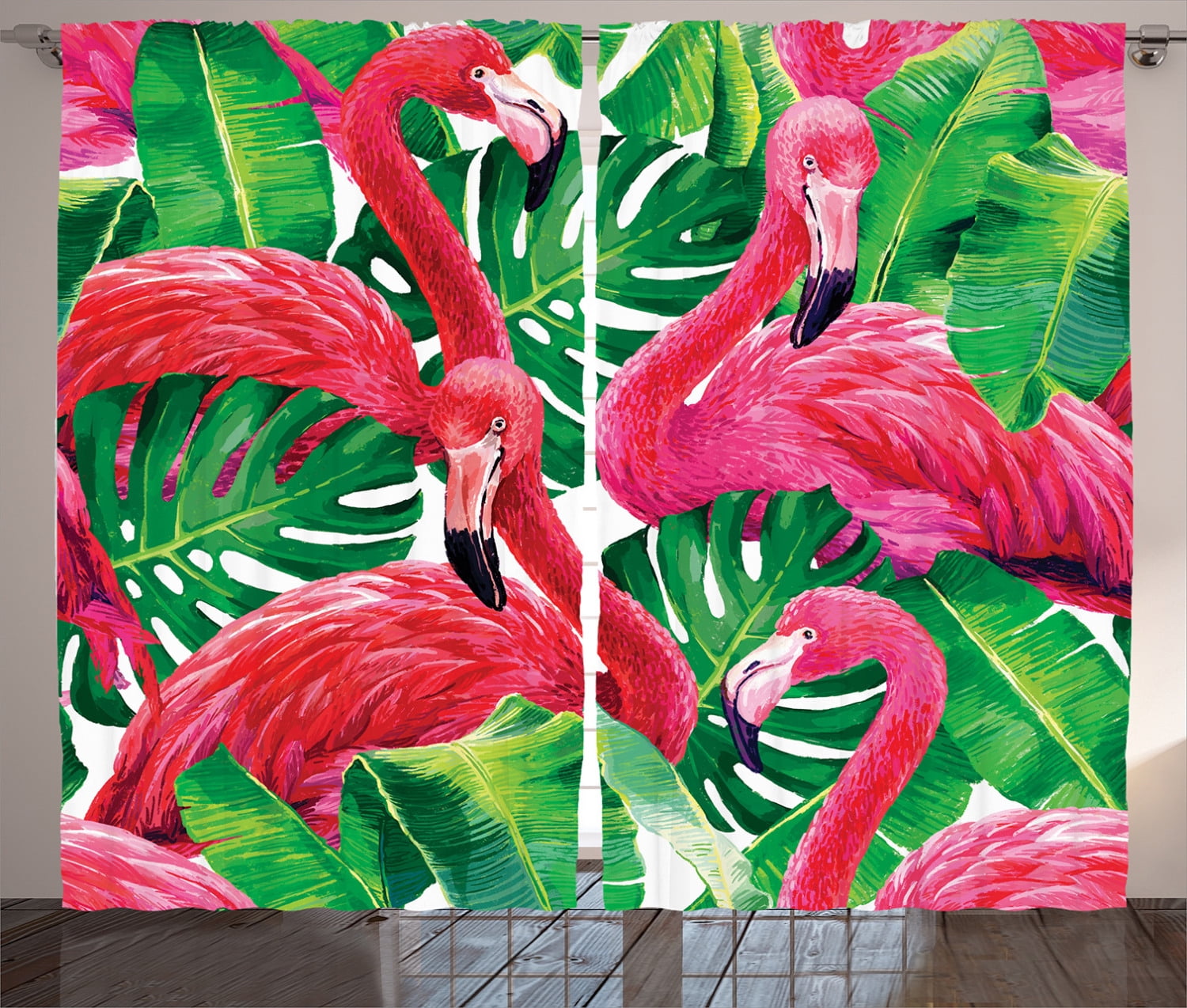 Ambesonne Flamingo Curtains 2 Panel Set, Retro Exotic Leaves, 108" x 90 ...
