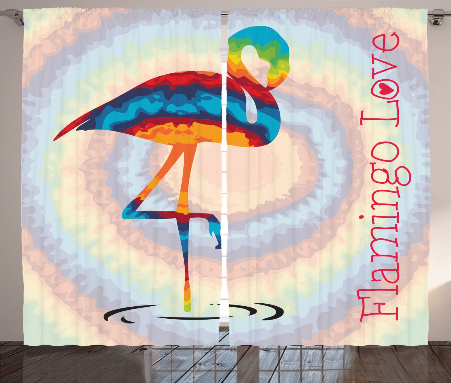 Ambesonne Flamingo Curtains 2 Panel Set, Rainbow Colored Birds, 108" x ...