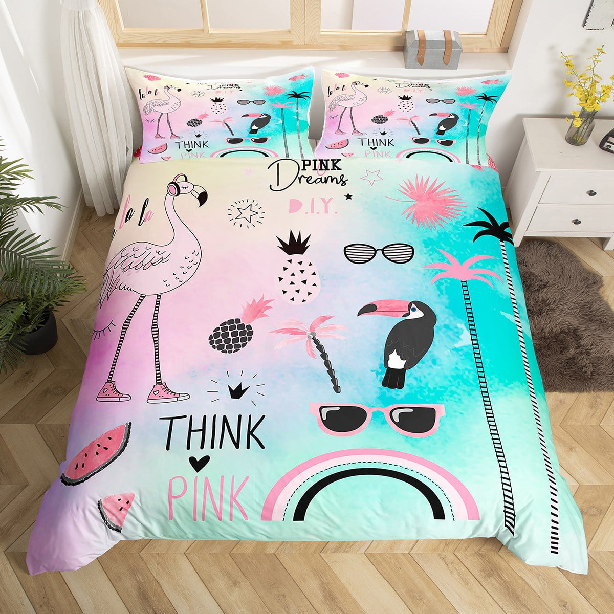 Flamingo Decor Duvet Cover Full Size for Girls Women Pink Blue Gradient ...
