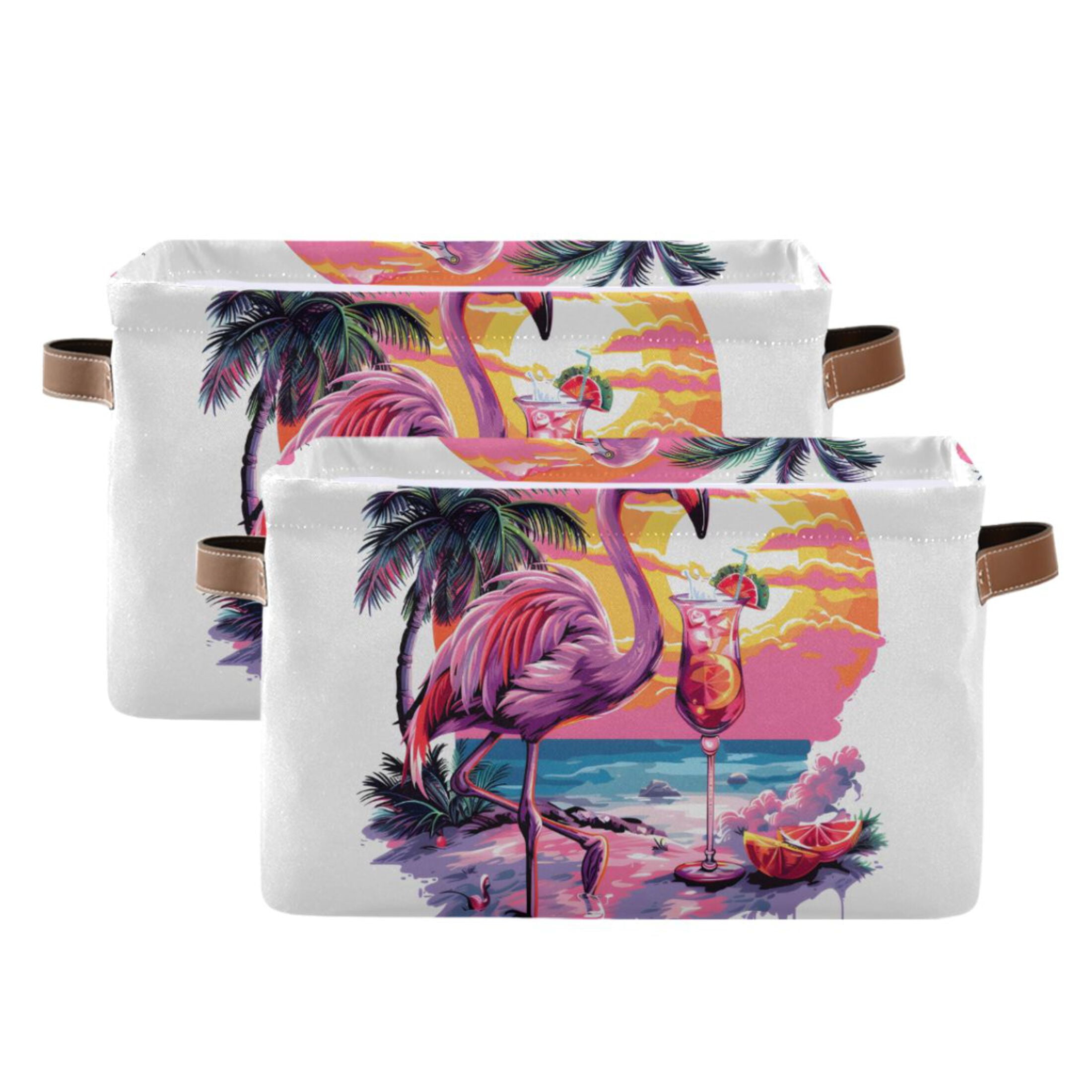 Flamingo Drinking Cocktail Sunset Storage Basket Large Bin Laundry ...