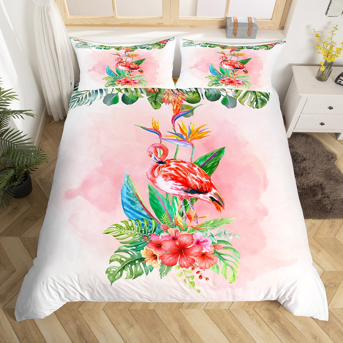 Flamingo Duvet Cover Palm Leaves Queen Bedding Set for Boys Kids Child ...