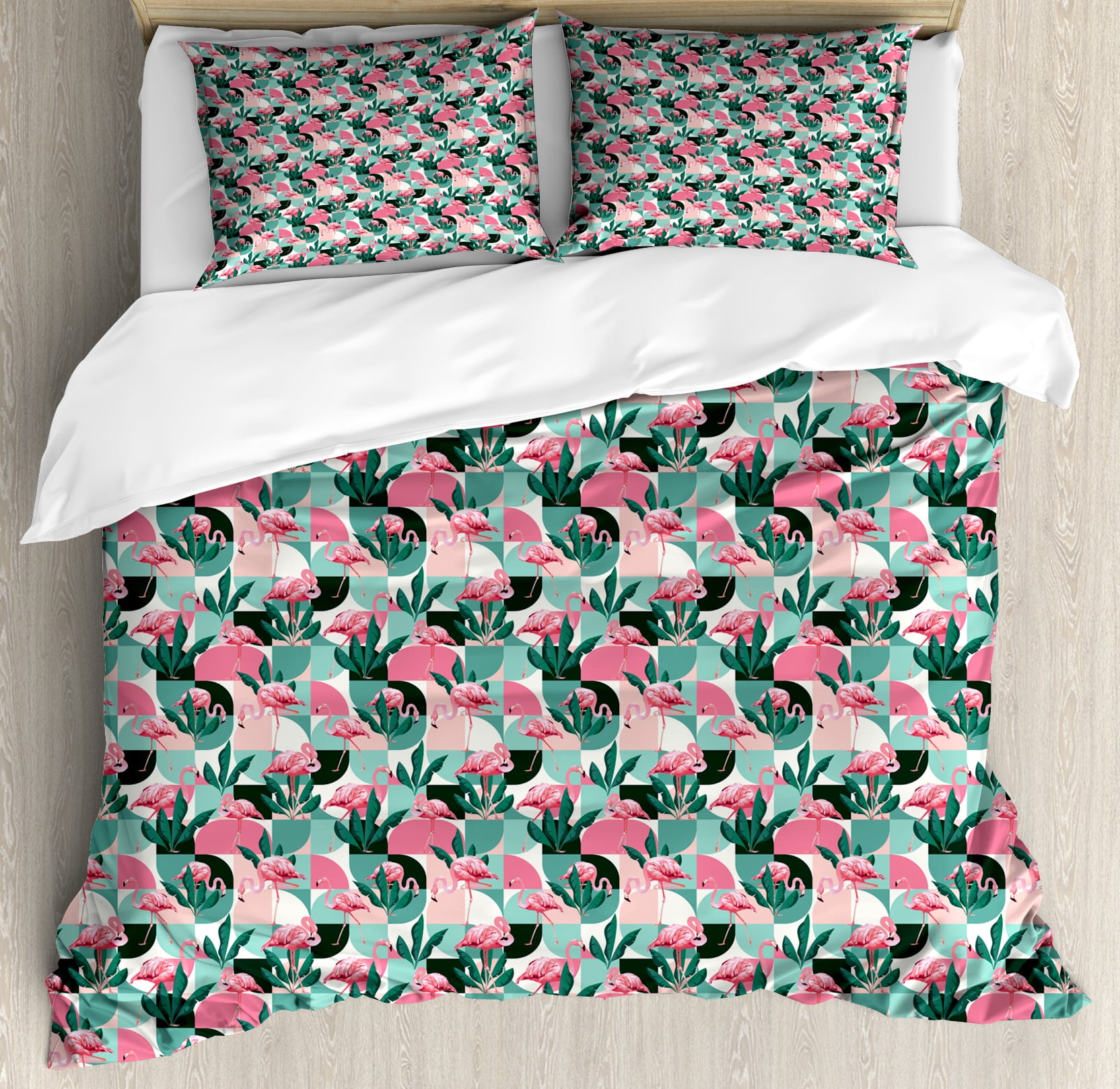 Flamingo Duvet Cover Set, Exotic Beach Birds Fan Palm Leaves on ...