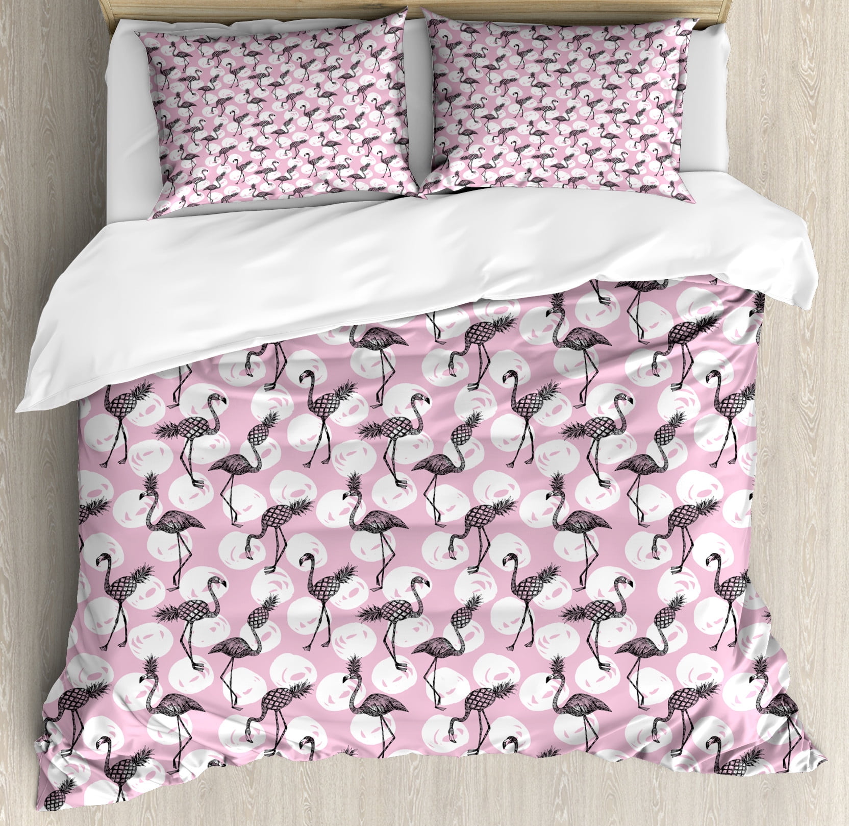 Flamingo Duvet Cover Set, Exotic Birds with Pineapple Body Hand Drawn ...