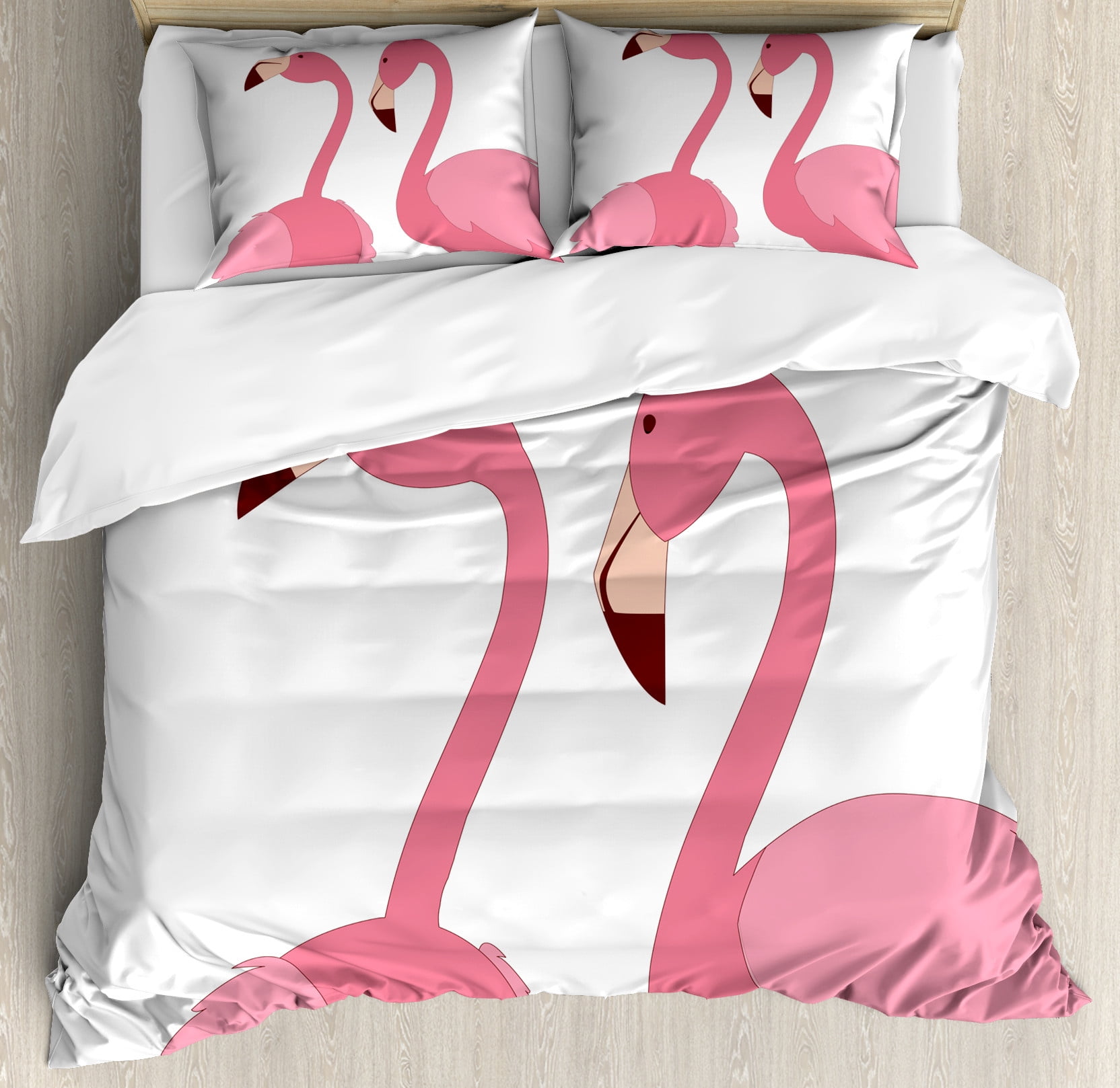 Flamingo Duvet Cover Set, Exotic Pink Birds Animals Couple on Plain ...