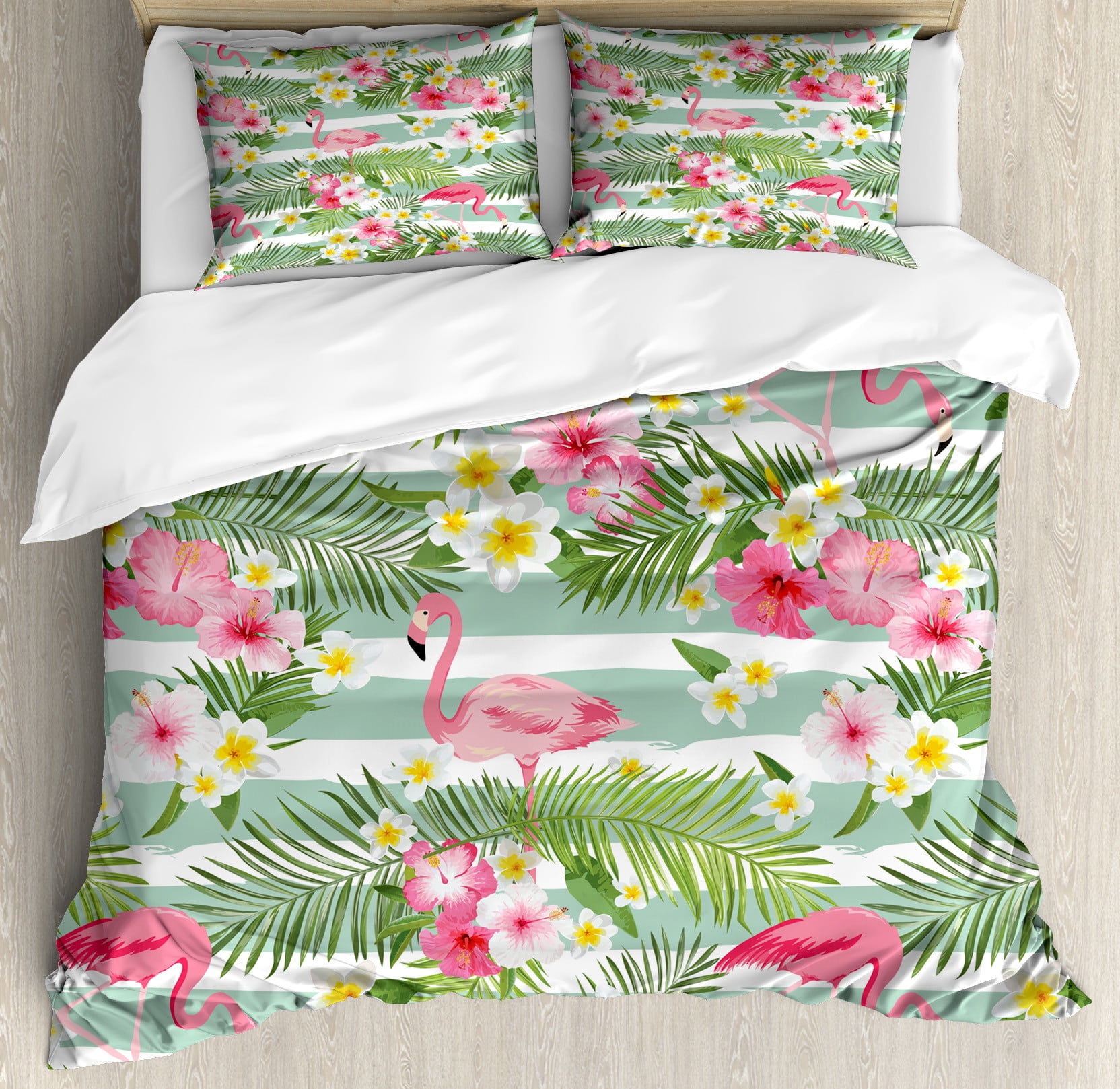 Flamingo Duvet Cover Set, Flamingos with Exotic Hawaiian Leaves Flowers ...