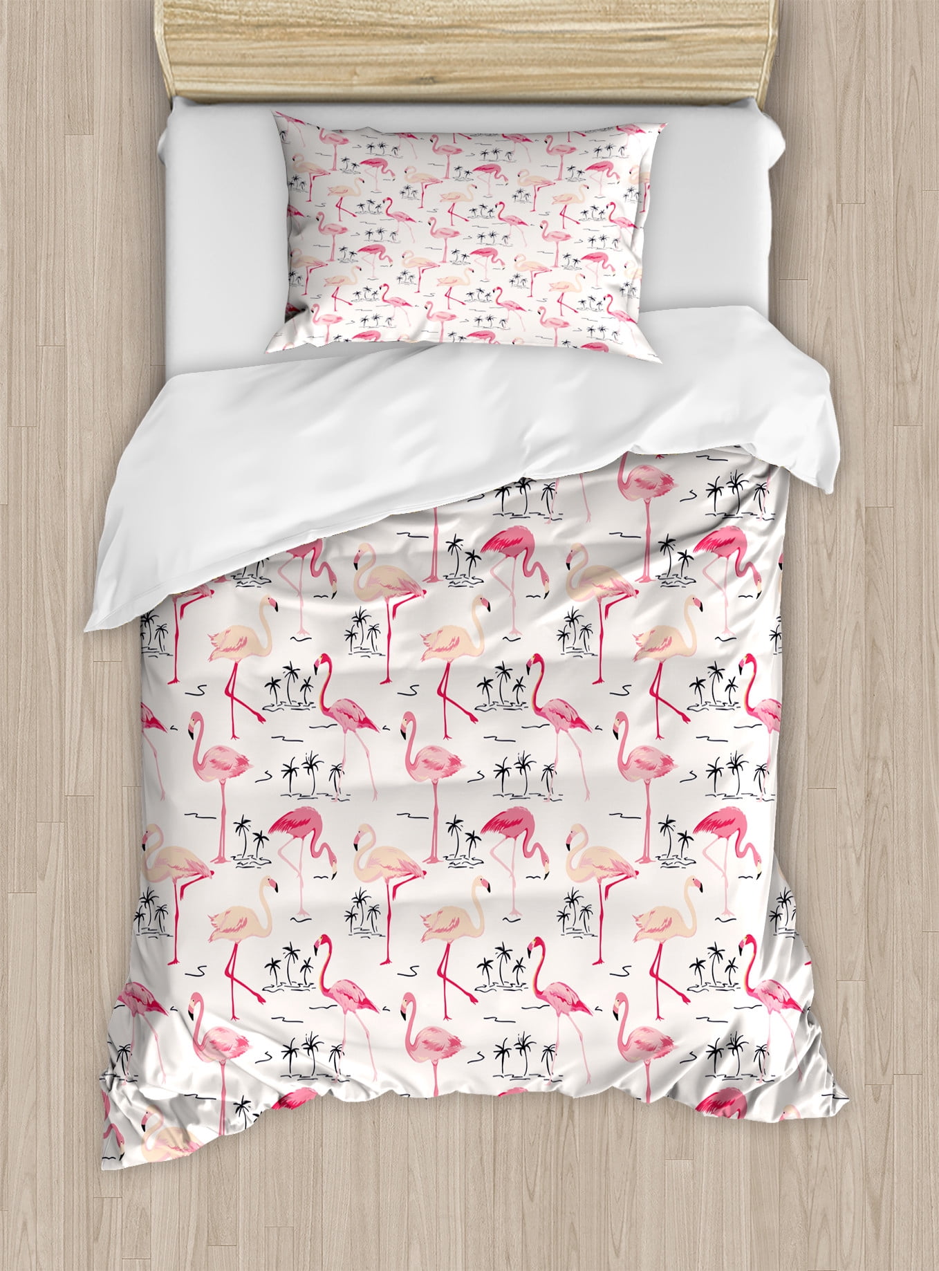 Flamingo Duvet Cover Set, Flamingos in Vintage Style Illustration Love ...