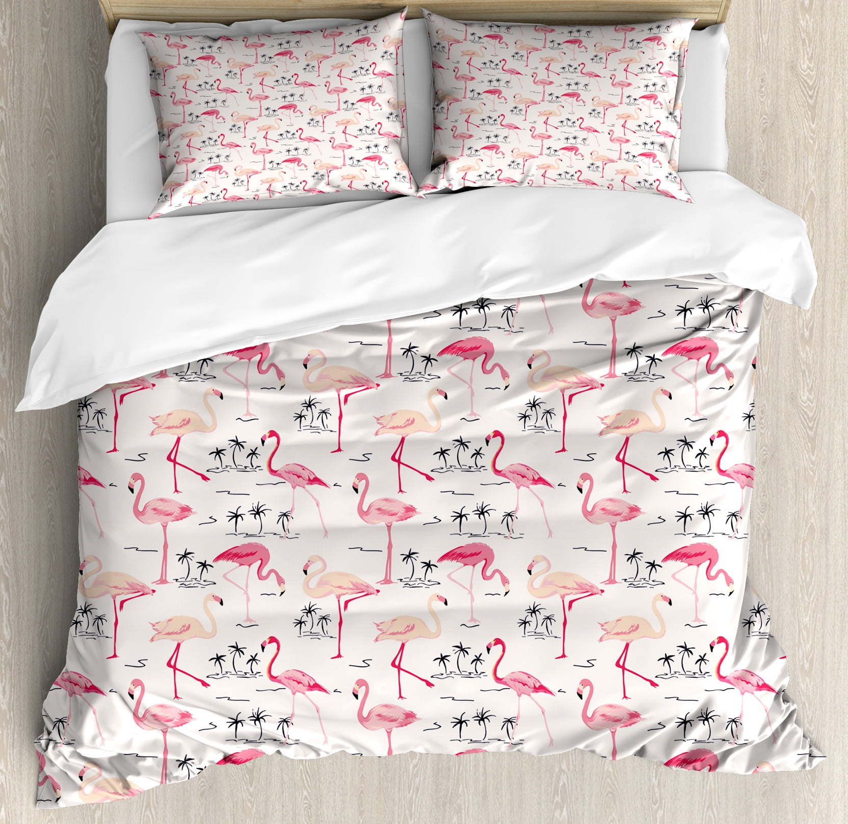Flamingo Duvet Cover Set, Flamingos in Vintage Style Illustration Love ...