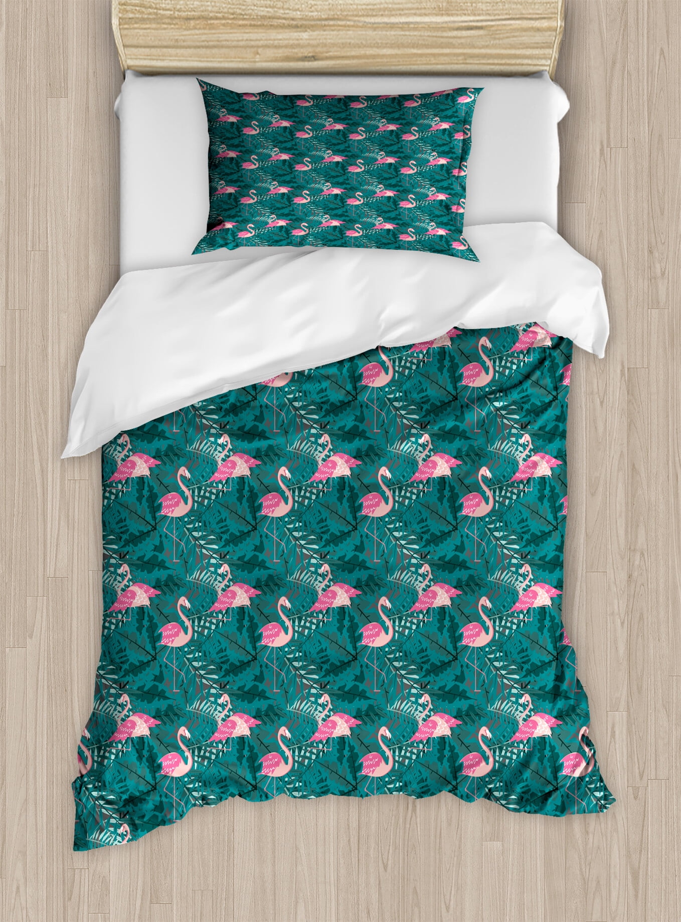 Flamingo Duvet Cover Set, Repeating Exotic Pattern of Tropic Birds on ...