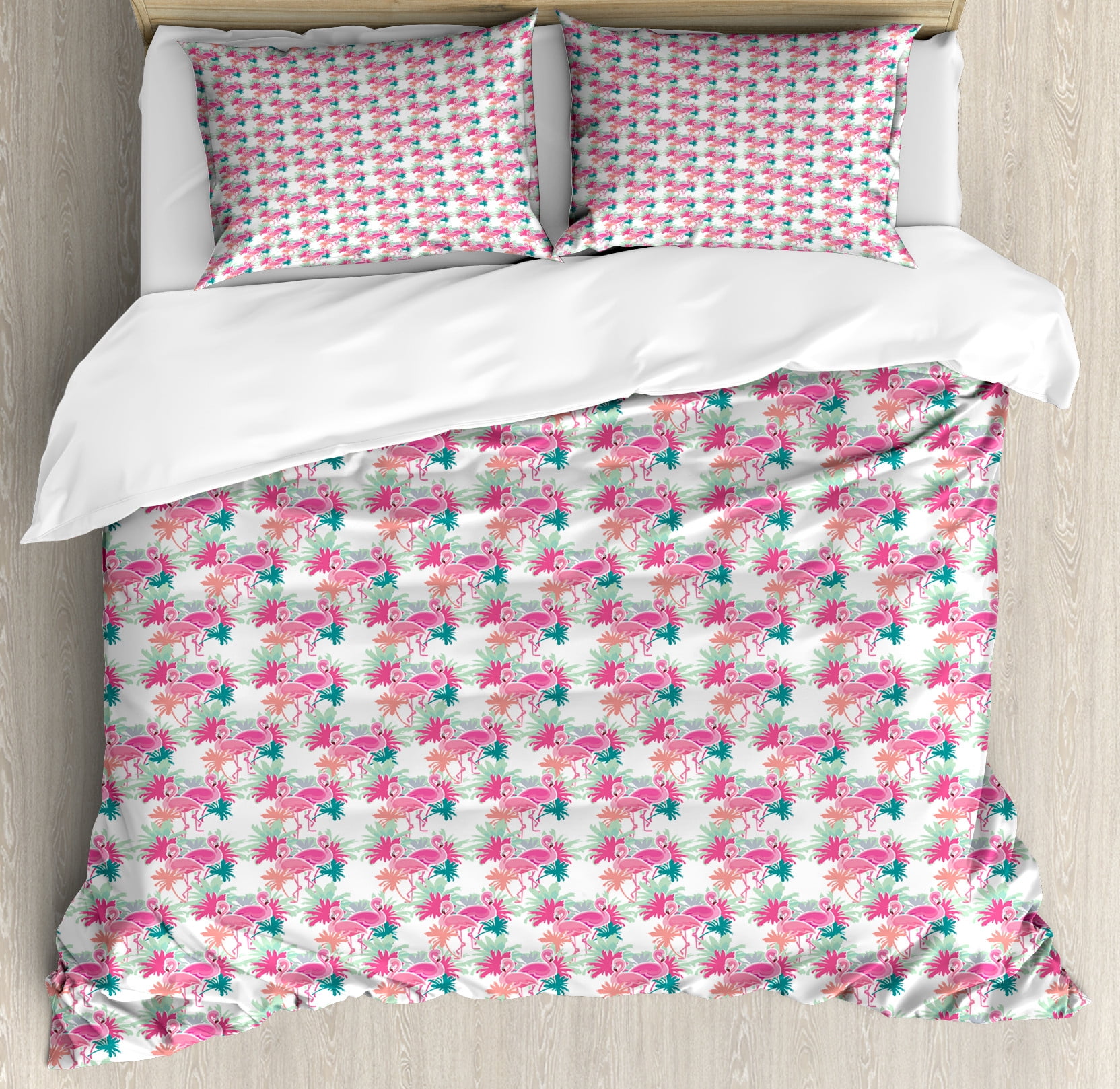 Flamingo Duvet Cover Set, Rhythmic Hipster Print of Palm Trees and Pink ...