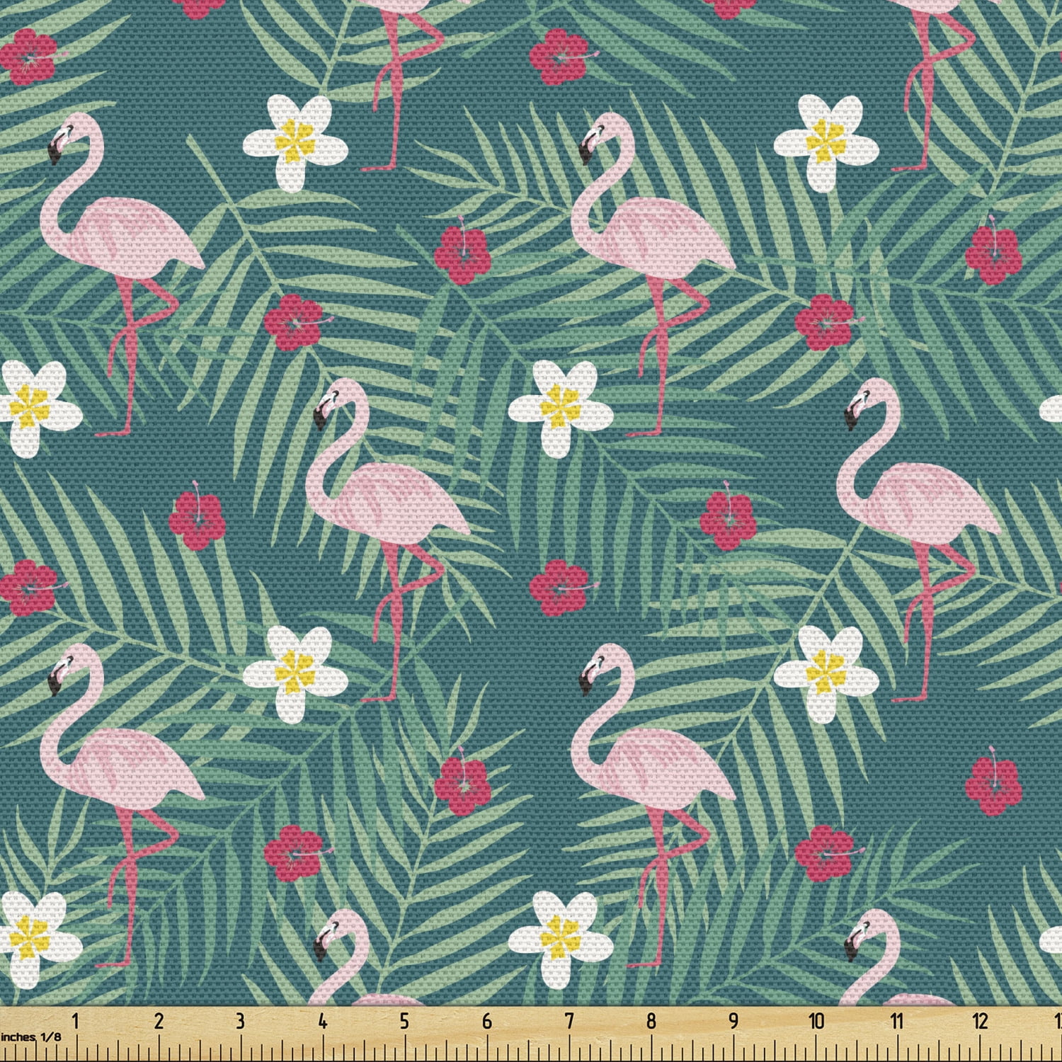 Flamingo Fabric by the Yard, Tropical Plants Hibiscus Petals on Palm ...